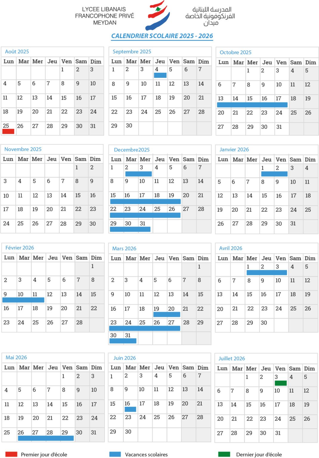 Calendrier scolaire - LLFPM